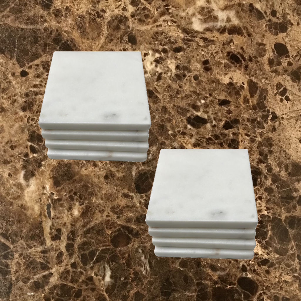 Square White Marble Coasters. Highly absorbent & Laserable.